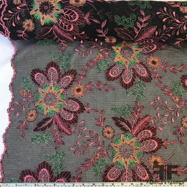 Floral Embroidered Netting - Pink/Black/Multicolor – Fabrics & Fabrics