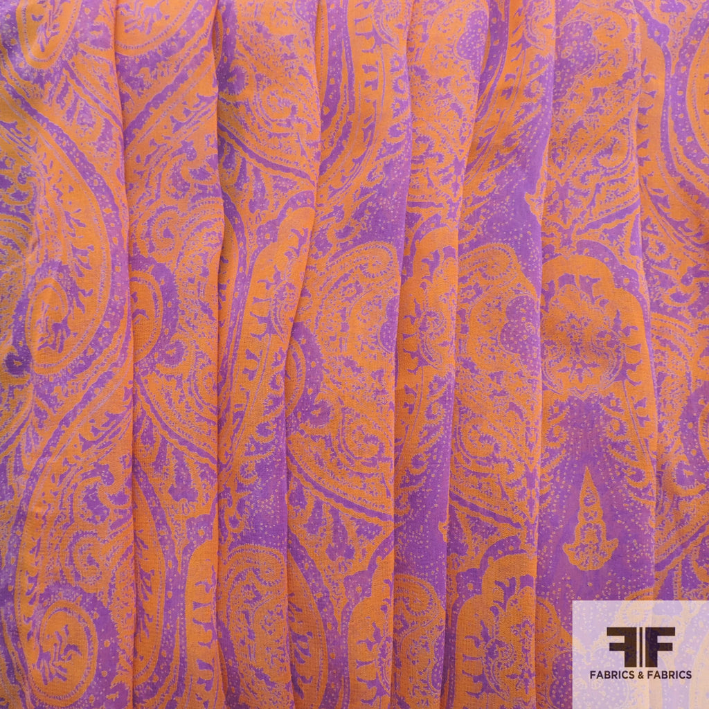 Purple/Orange Damask Printed Silk Chiffon - Fabrics & Fabrics