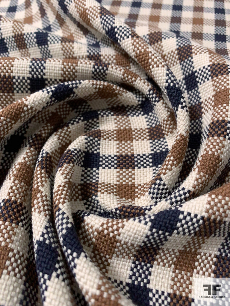 Italian Gingham Wool Blend Stretch Suiting - Cream/Navy/Brown | FABRICS ...