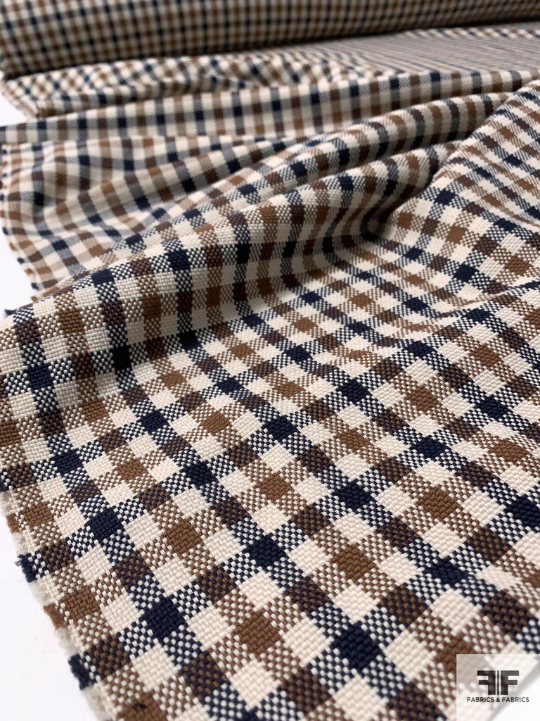Italian Gingham Wool Blend Stretch Suiting - Cream/Navy/Brown | FABRICS ...