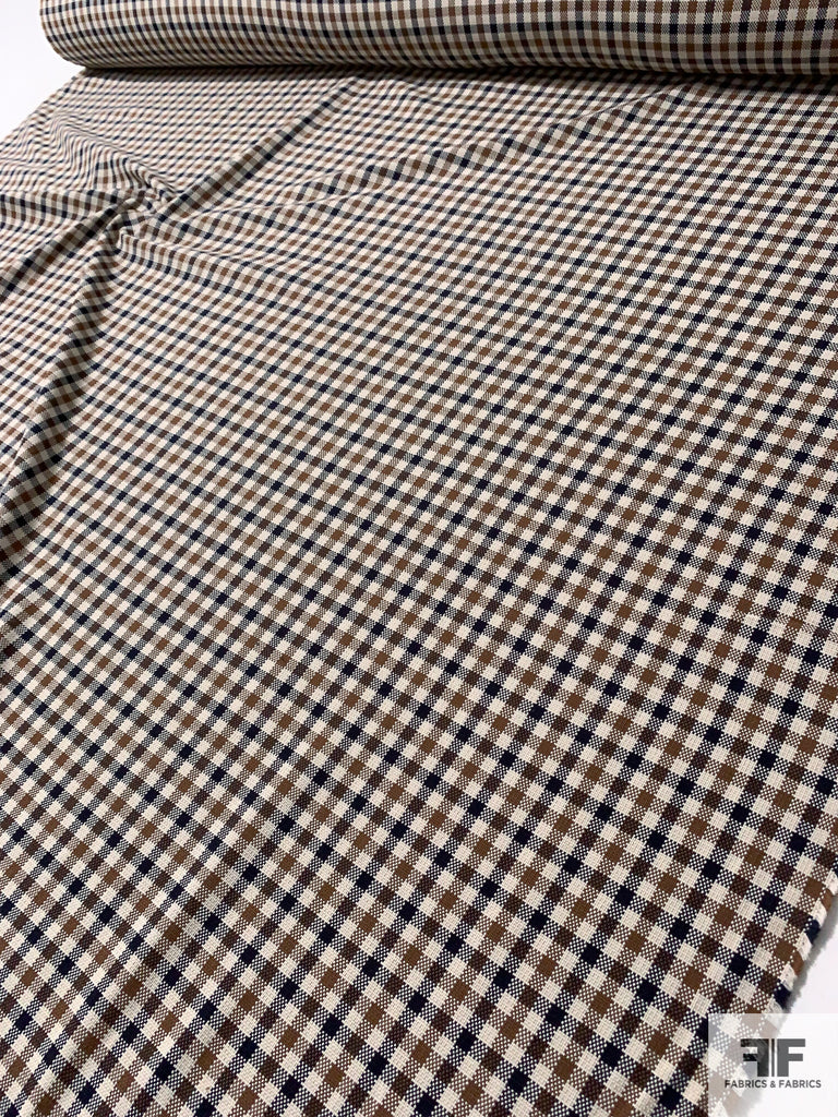 Italian Gingham Wool Blend Stretch Suiting - Cream/Navy/Brown | FABRICS ...