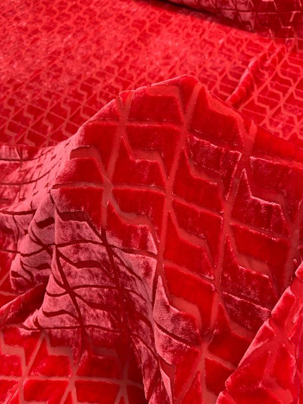 Geometric Art Deco Cut Velvet - Red | FABRICS & FABRICS – Fabrics & Fabrics