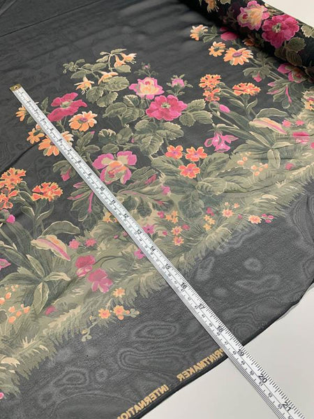 Flower Garden Border Print Silk Chiffon - Multicolor / Black | FABRICS ...