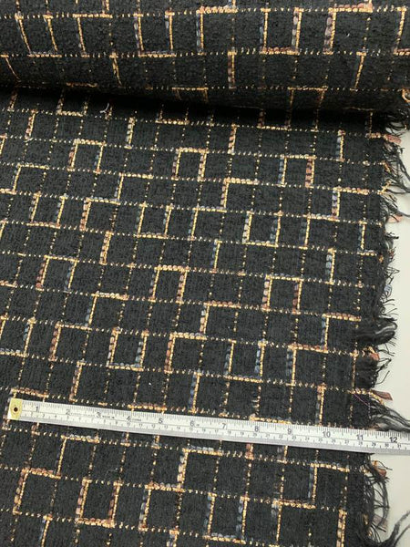 Italian Novelty Checkerboard Wool Tweed with Lurex - Black/Gold/Brown ...