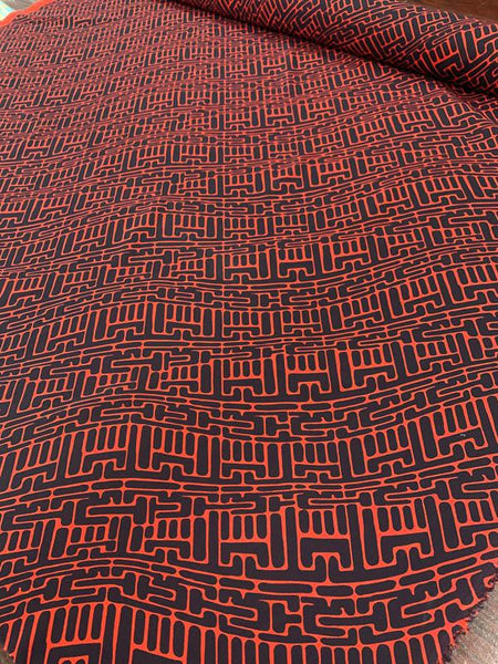 Graphic Wavy Linear Art Deco Printed Stretch Silk Georgette - Red/Black ...