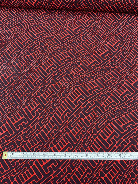 Graphic Wavy Linear Art Deco Printed Stretch Silk Georgette - Red/Black ...