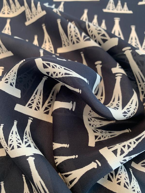 Oil Rigs Graphic Printed Silk Georgette - Black/Beige | FABRICS ...