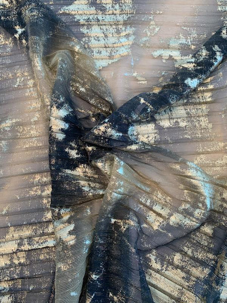 Pleated Gold Foiled Printed Sheer Knit - Gold/Silver/Grey | FABRICS ...