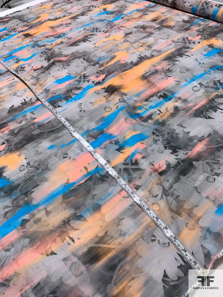 Hazy Painterly Floral Printed Cotton Faille - Orange/Blue/Coral/Black ...