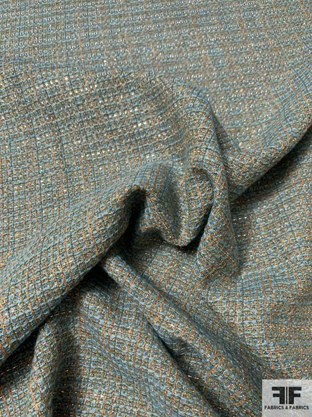 Italian Glam Lightweight Wool Blend Tweed with Lurex - Dusty Teal/Tan ...