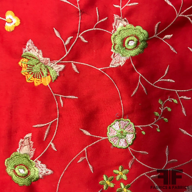 Red Bold Floral Embroidered Cotton - Fabrics & Fabrics