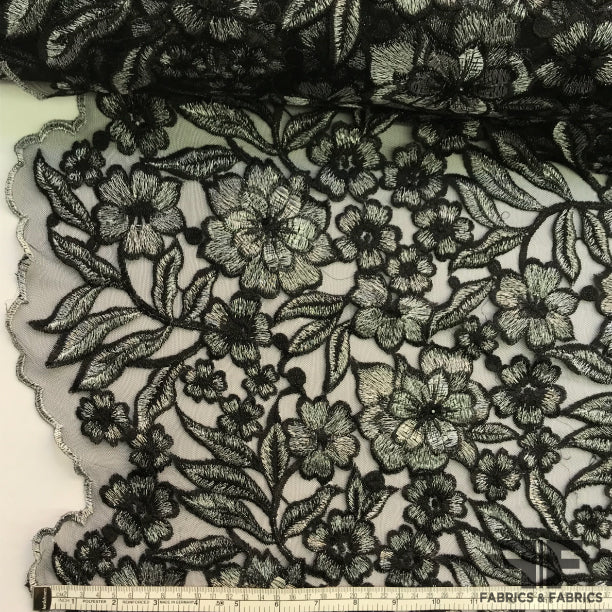Black/Silver Blooming Floral Embroidered Netting - Fabrics & Fabrics