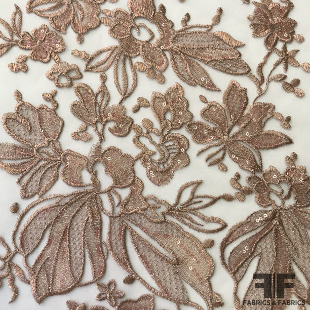 Beige Floral Embroidered Netting - Fabrics & Fabrics