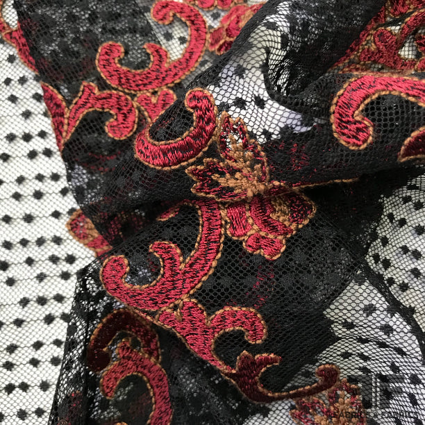 Black/Red Italian Abstract Embroidered Netting - Fabrics & Fabrics
