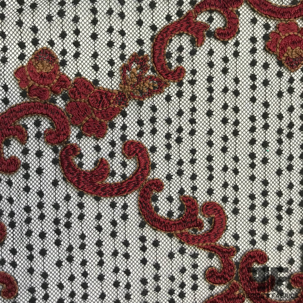 Black/Red Italian Abstract Embroidered Netting - Fabrics & Fabrics