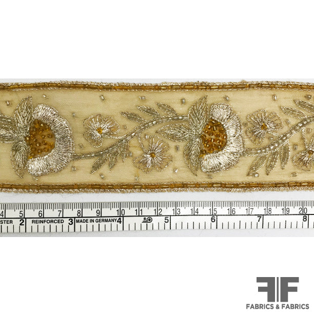 Floral Beaded & Embroidered Gold Ribbon Trim - Fabrics & Fabrics