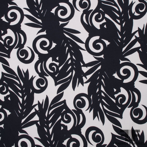 Large-Scale Fern Printed Wool Crepe - Black/Off-White - Fabrics & Fabrics